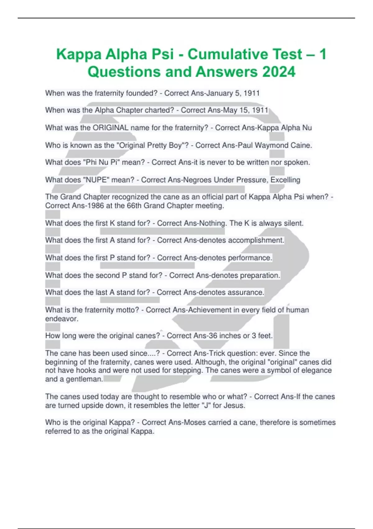 Kappa Alpha Psi - Cumulative Test – 1 Questions and Answers 2024 ...