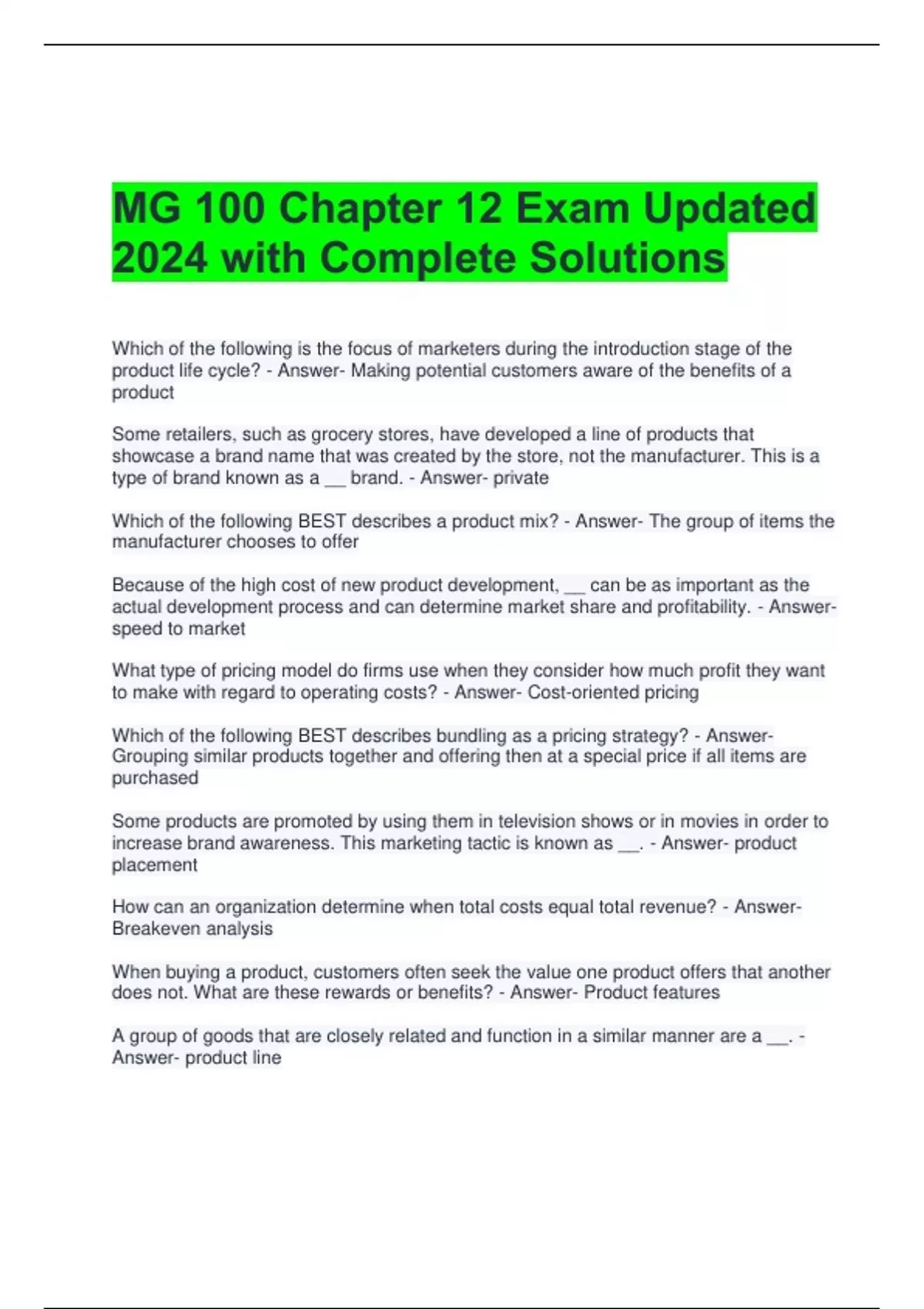 MG 100 Chapter 12 Exam Updated 2024 with Complete Solutions - MG 100 - Stuvia US