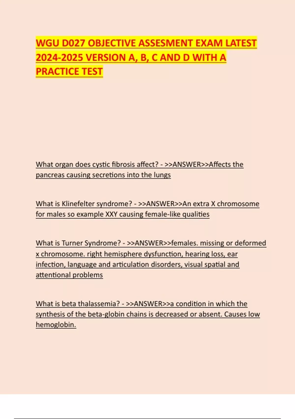 WGU D027 OBJECTIVE ASSESMENT EXAM LATEST VERSION A, B, C AND D WITH A ...