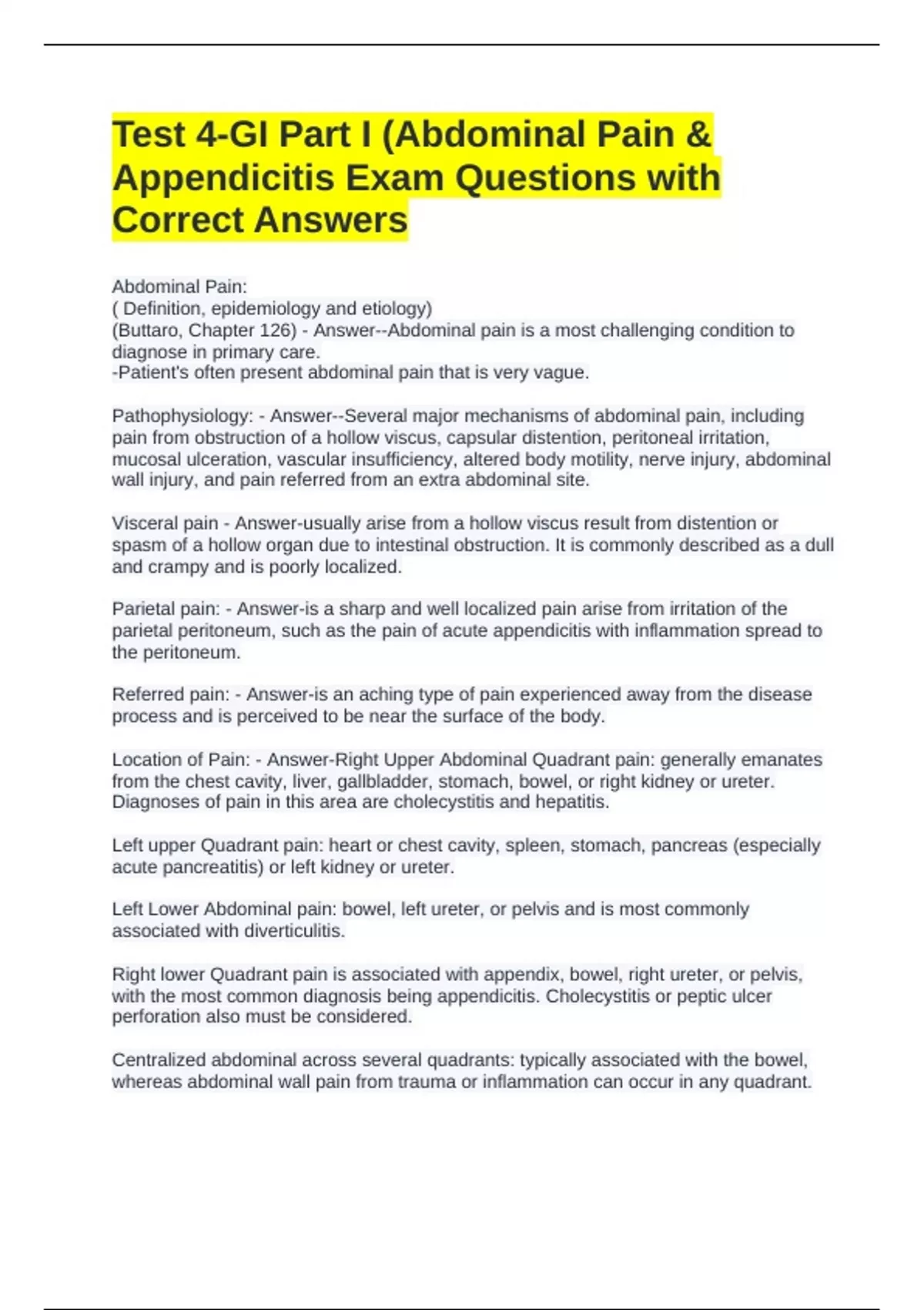 Test 4-GI Part I (Abdominal Pain & Appendicitis Exam Questions with ...
