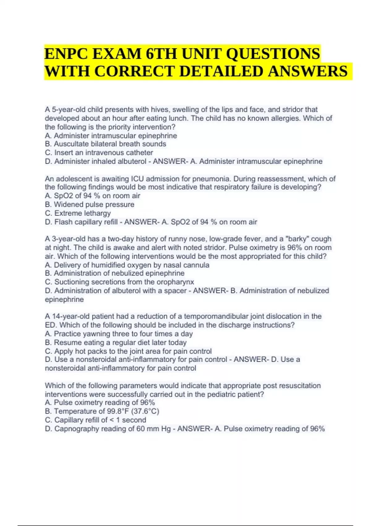 ENPC EXAM 6TH UNIT QUESTIONS WITH CORRECT DETAILED ANSWERS - ENPC 6TH ...