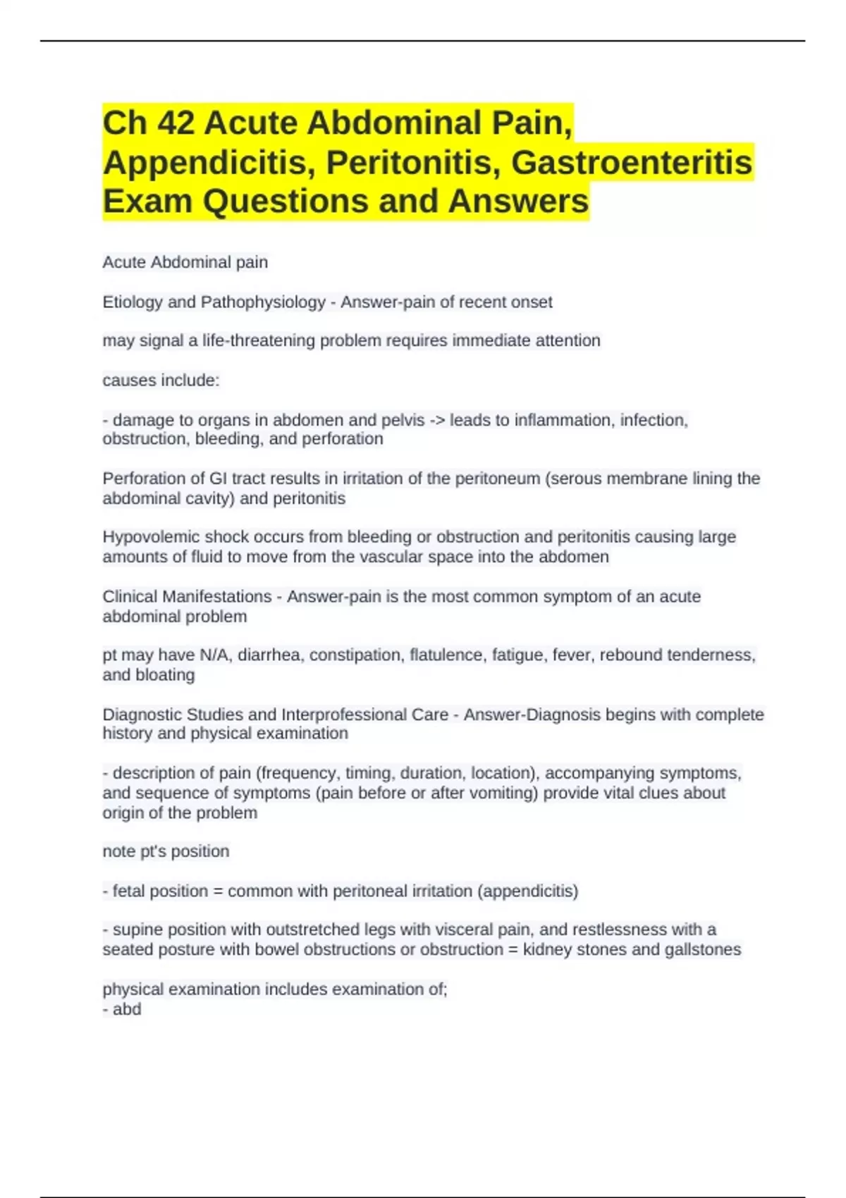 Ch 42 Acute Abdominal Pain, Appendicitis, Peritonitis, Gastroenteritis ...