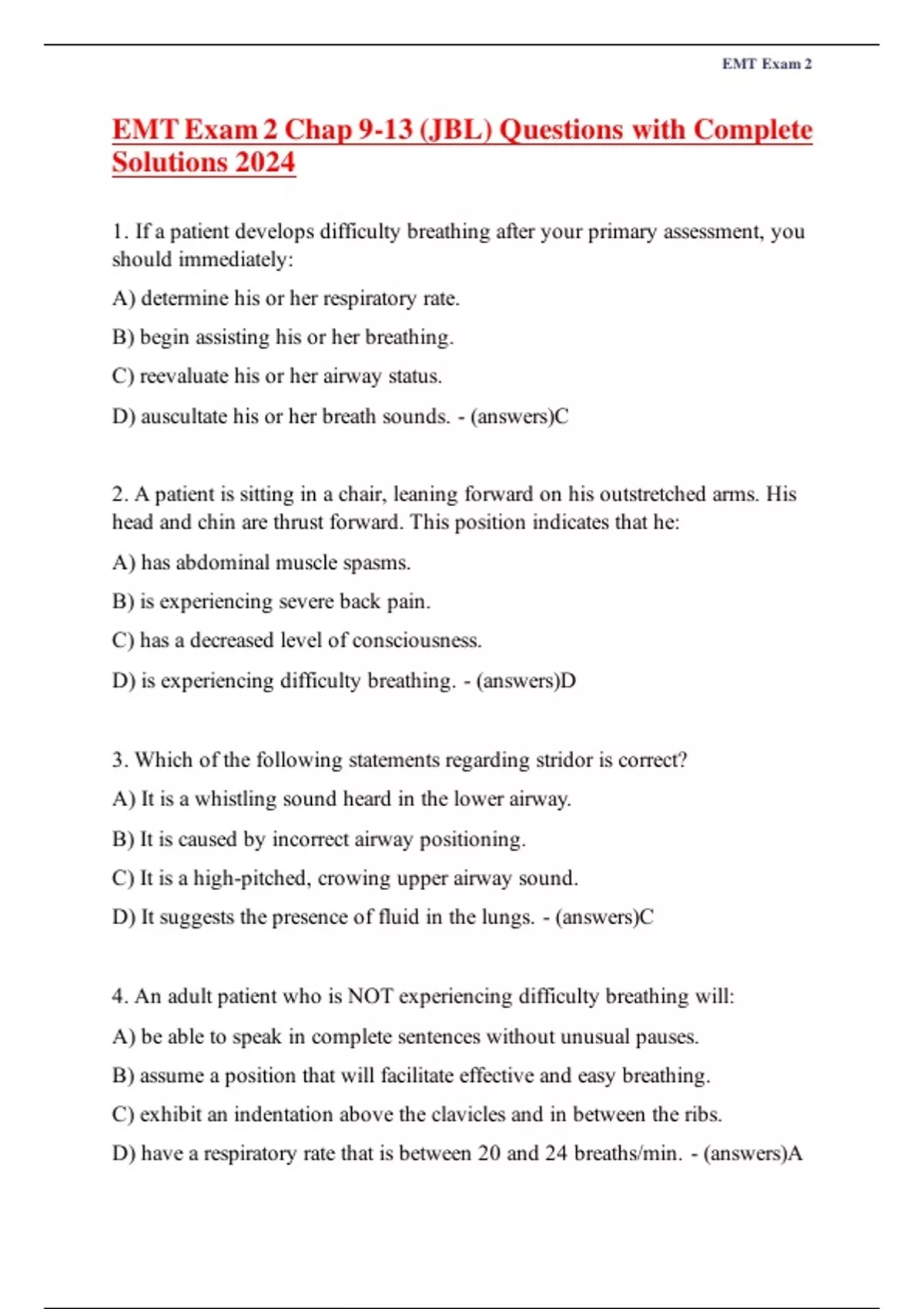 EMT Exam 2 Chap 9-13 (JBL) Questions with Complete Solutions 2024 - EMT Chap 9-13 - Stuvia US