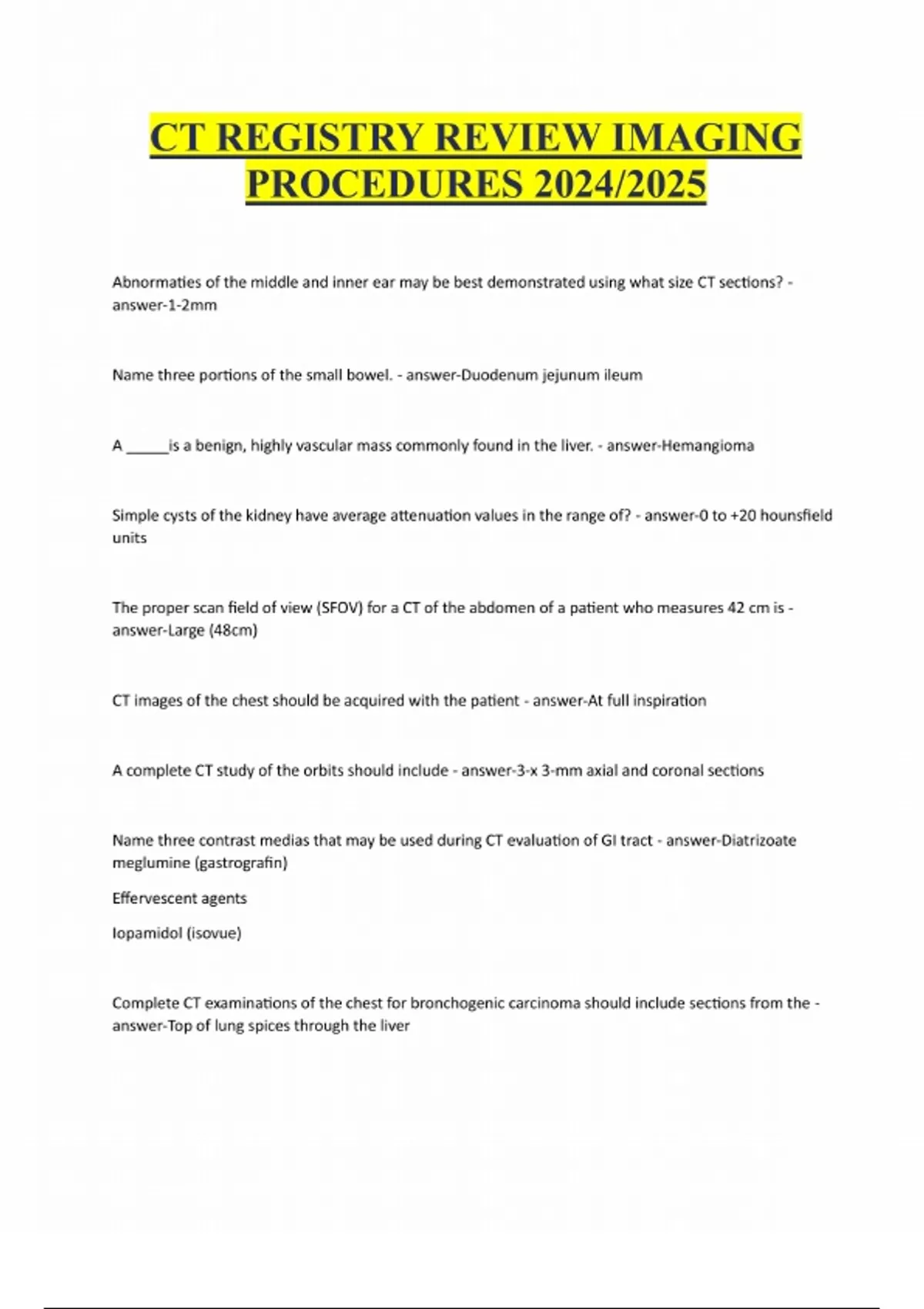 CT REGISTRY REVIEW IMAGING PROCEDURES 2024/2025 - CT REGISTRY - Stuvia US