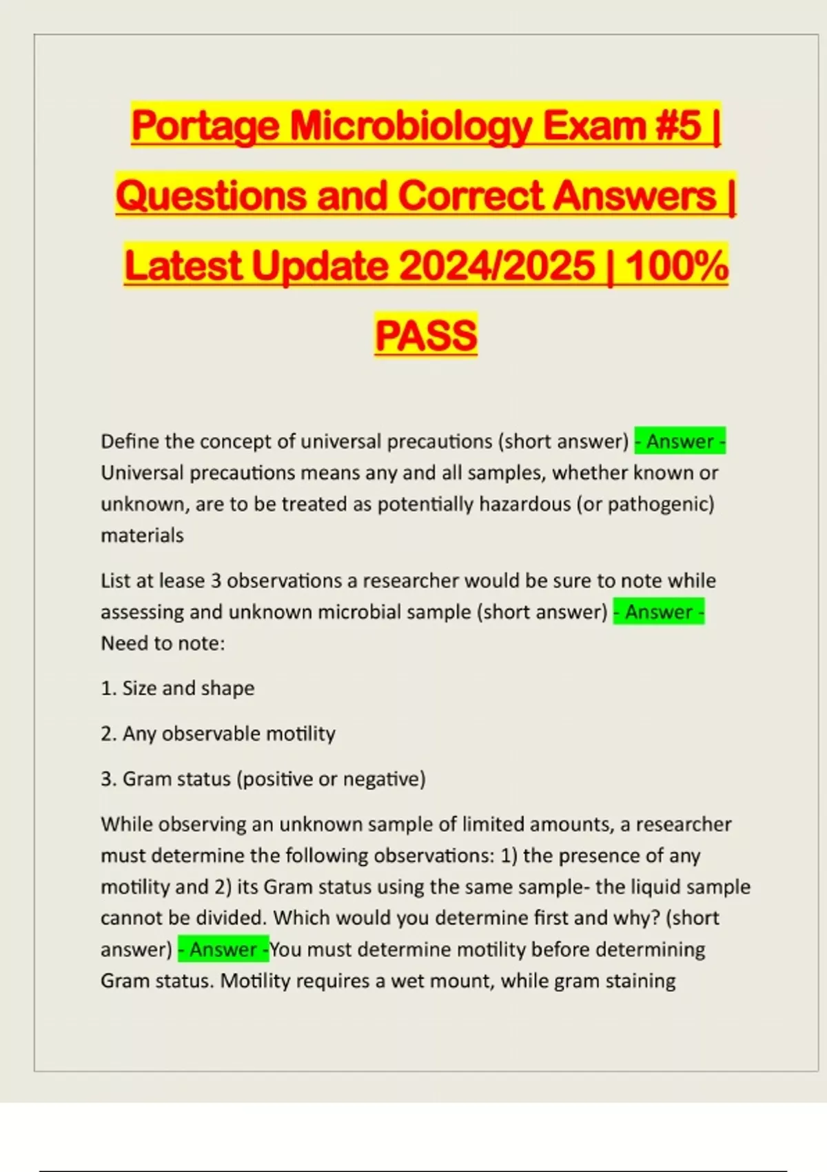 Portage Microbiology Exam #5 | Questions and Correct Answers | Latest ...