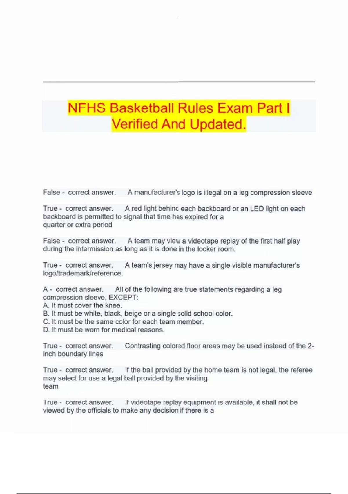 NFHS Basketball Rules Exam Part I Verified And Updated. - NFHS Basketball - Stuvia US