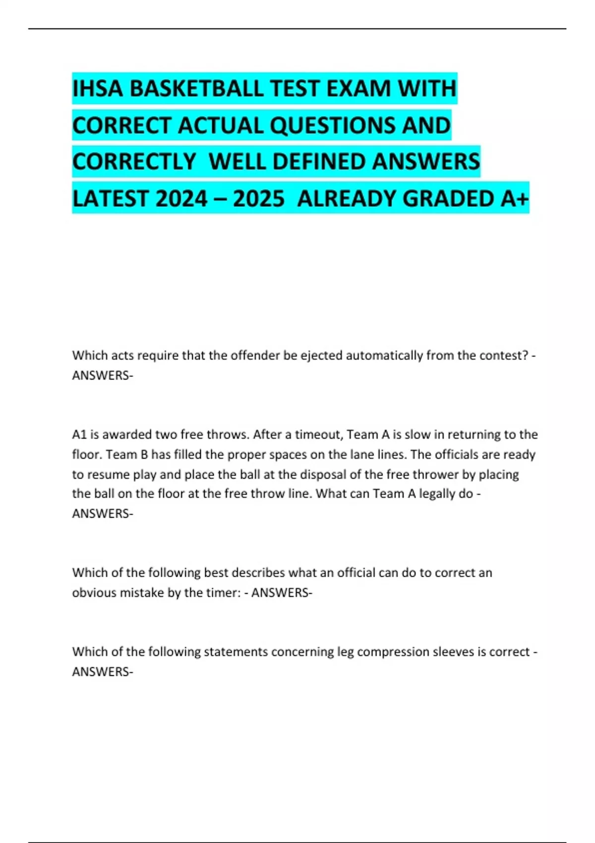 IHSA BASKETBALL TEST EXAM WITH CORRECT ACTUAL QUESTIONS AND CORRECTLY ...