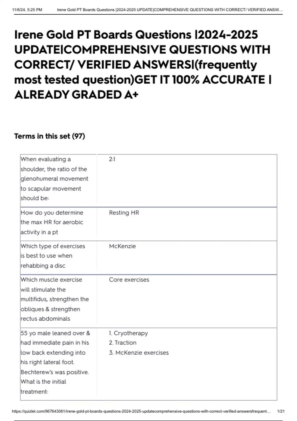 Irene Gold PT Boards Questions | UPDATE|COMPREHENSIVE QUESTIONS WITH ...