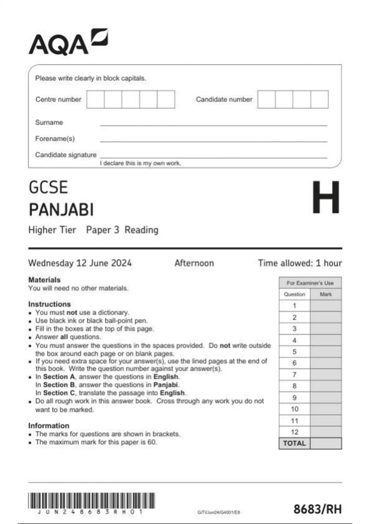 AQA GCSE PANJABI 8683-RH Paper 3 Reading Higher Tier question paper ...