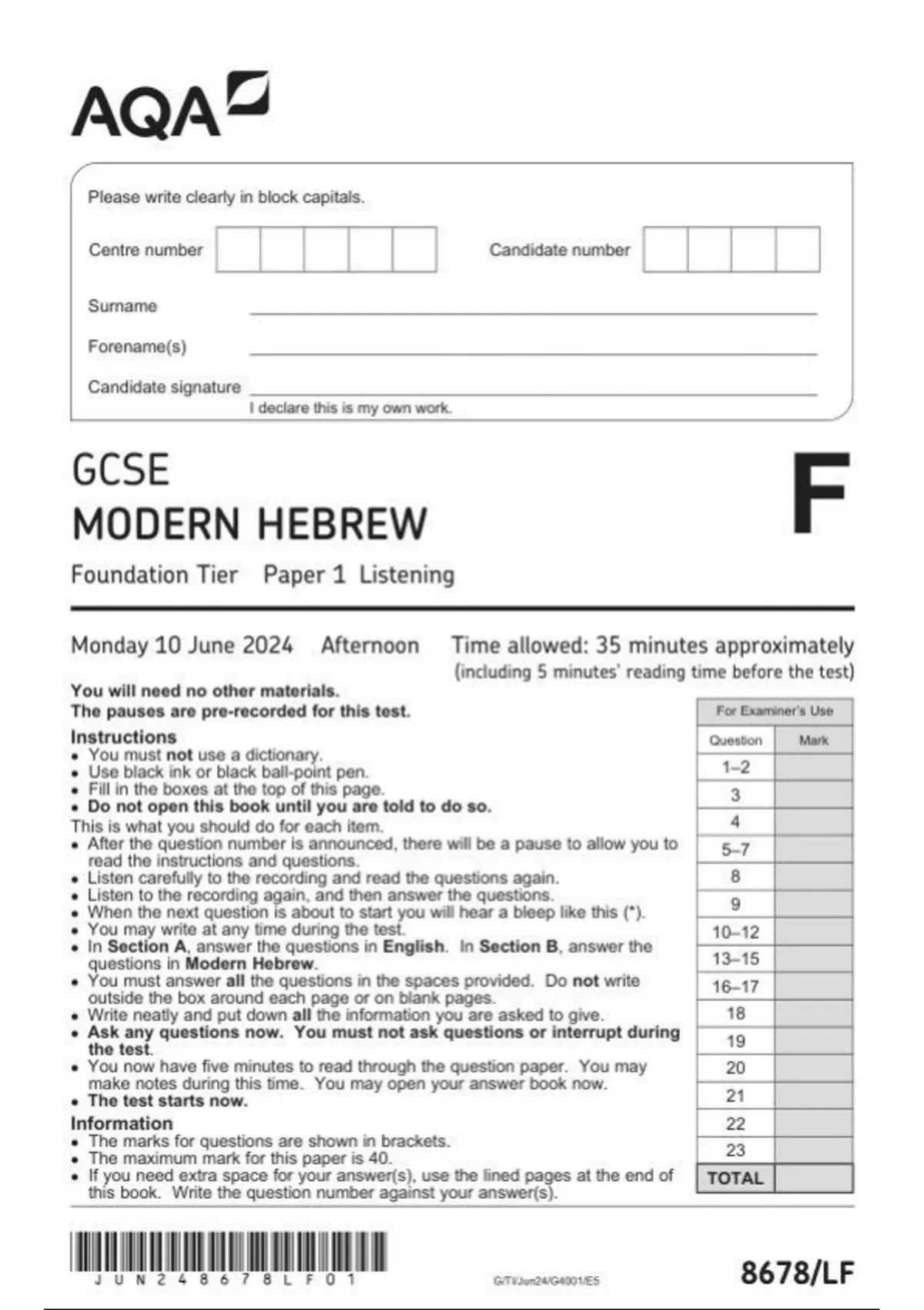 AQA GCSE MODERN HEBREW 8678-LF Paper 1 Listening Foundation Tier ...