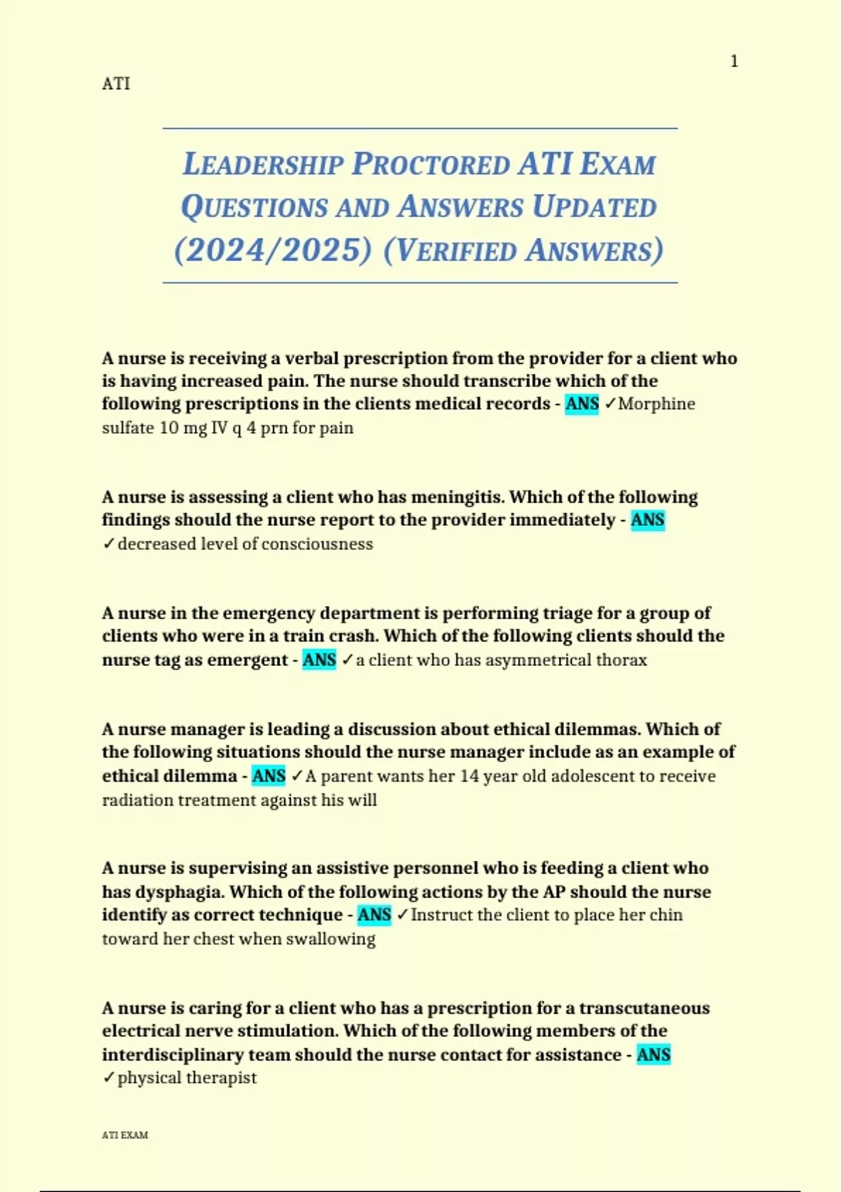 ATI CAPSTONE LEADERSHIP & LEADERSHIP PROCTORED ATI EXAMs QUESTIONS AND ...