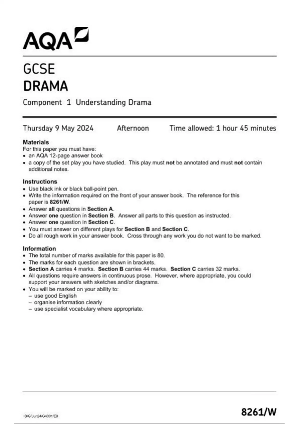 AQA GCSE DRAMA 8261-W Component 1 Understanding Drama question paper ...