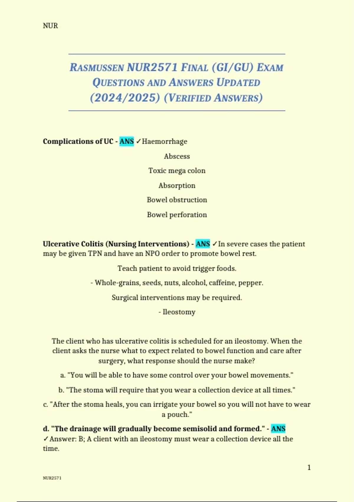 RASMUSSEN NUR2571 FINAL (GI/GU) EXAM QUESTIONS AND ANSWERS UPDATED ...