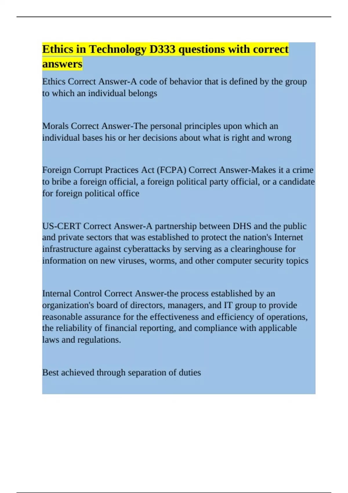 WGU D333 Ethics in Technology Tests Bundle Set - Stuvia US