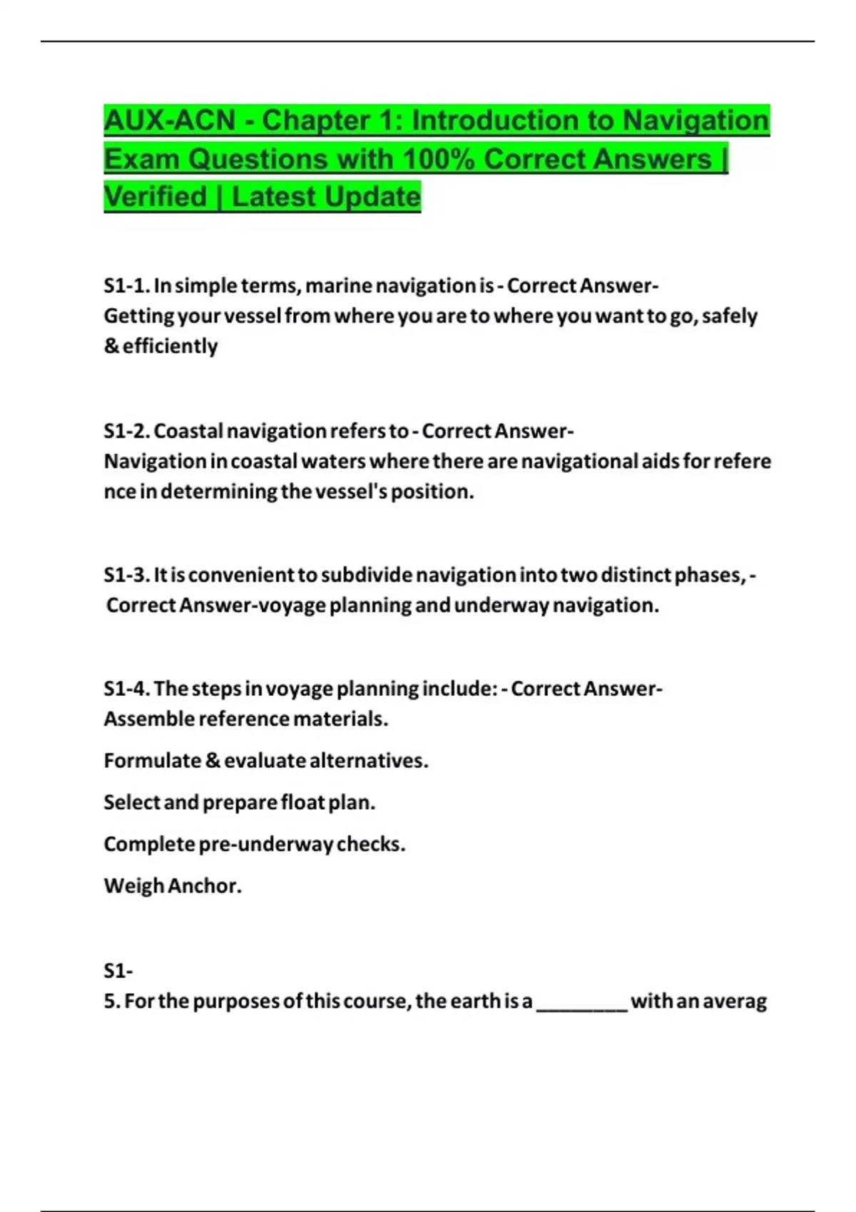 AUX-ACN - Chapter 1: Introduction to Navigation Exam Questions with 100% Correct Answers ...