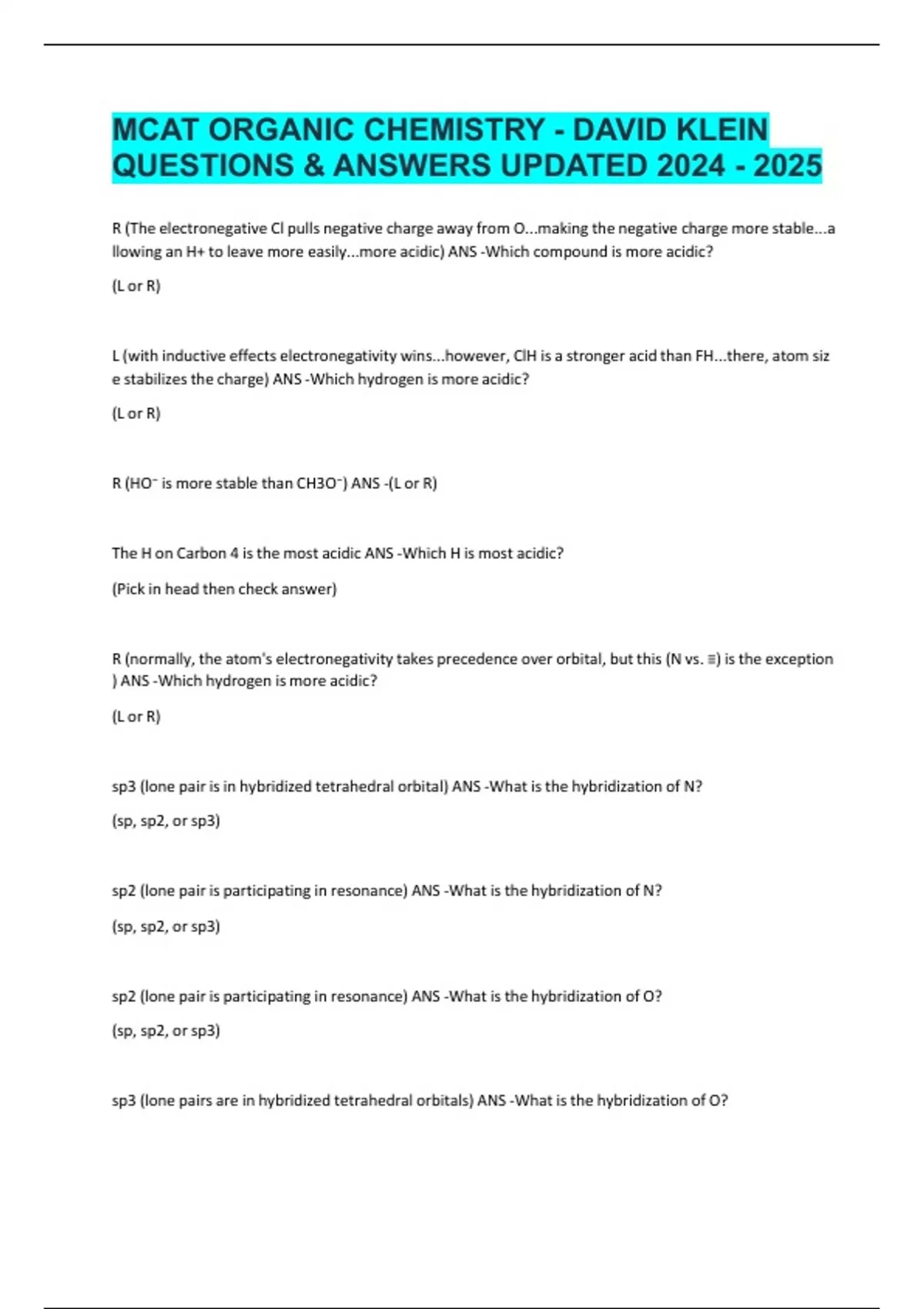 MCAT ORGANIC CHEMISTRY - DAVID KLEIN QUESTIONS & ANSWERS UPDATED ...