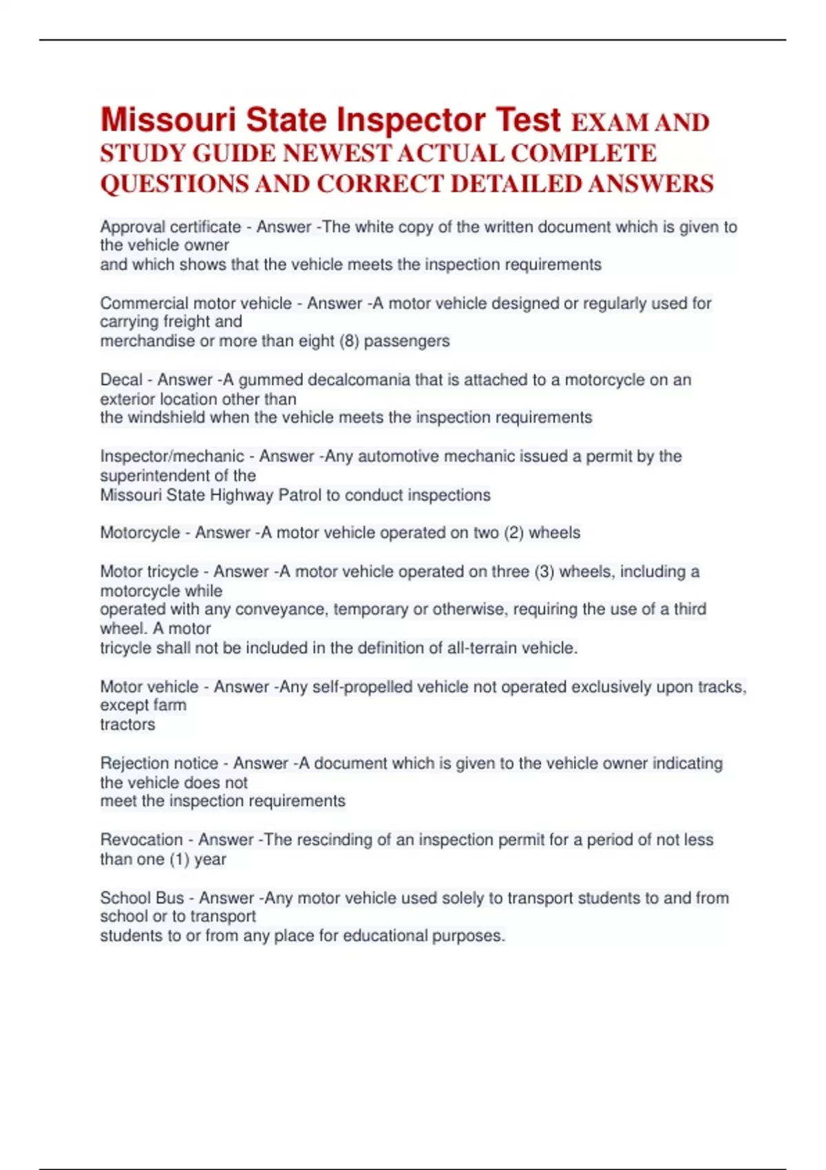 Missouri State Inspector Test EXAM AND STUDY GUIDE NEWEST ACTUAL ...