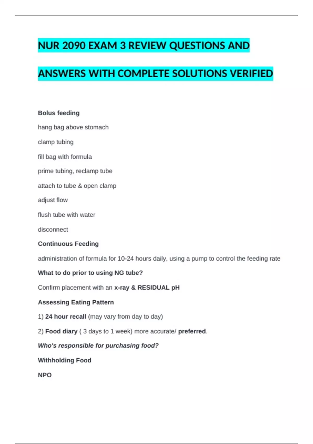 NUR 2090 EXAM 3 REVIEW QUESTIONS AND ANSWERS WITH COMPLETE SOLUTIONS ...