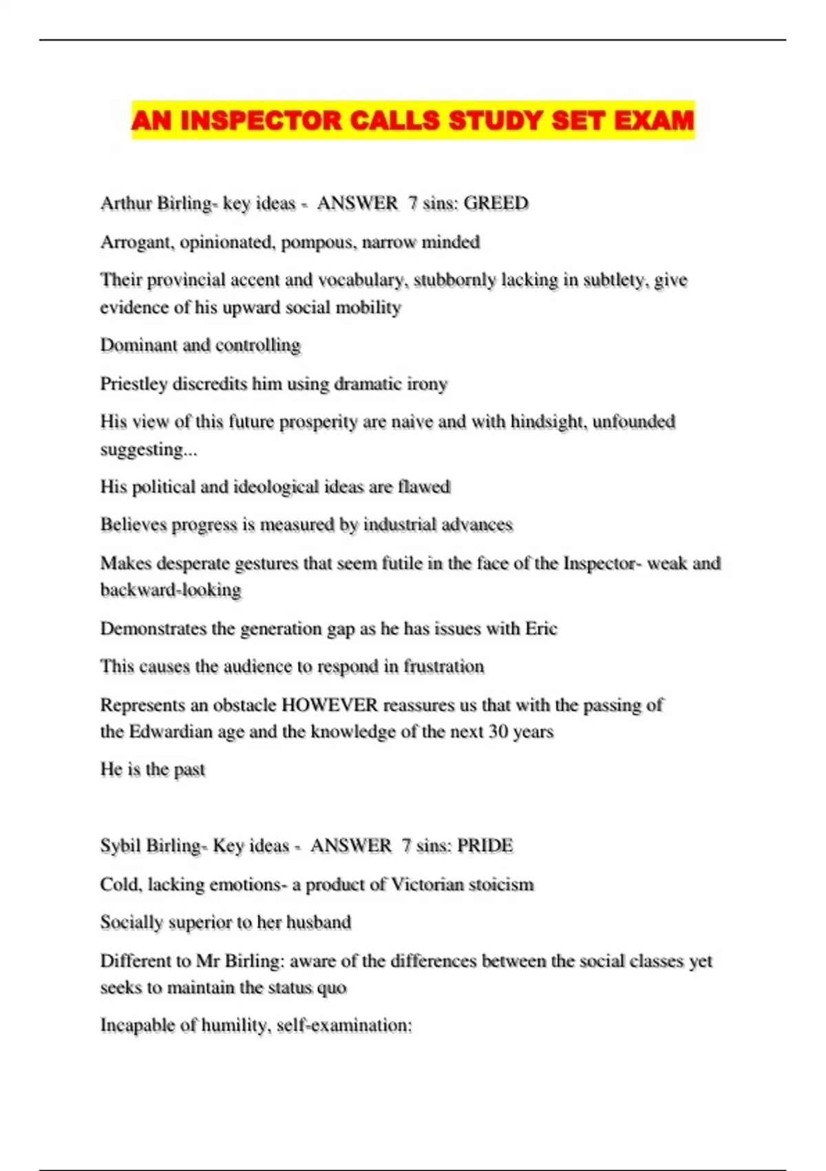 AN INSPECTOR CALLS STUDY SET EXAM - AN INSPECTOR CALLS - Stuvia US