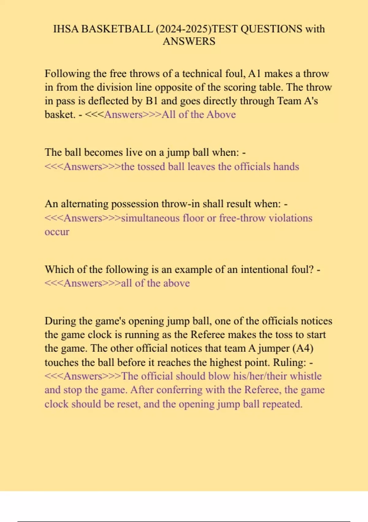 IHSA BASKETBALL ()TEST QUESTIONS with ANSWERS - IHSA BASKETBALL - Stuvia US