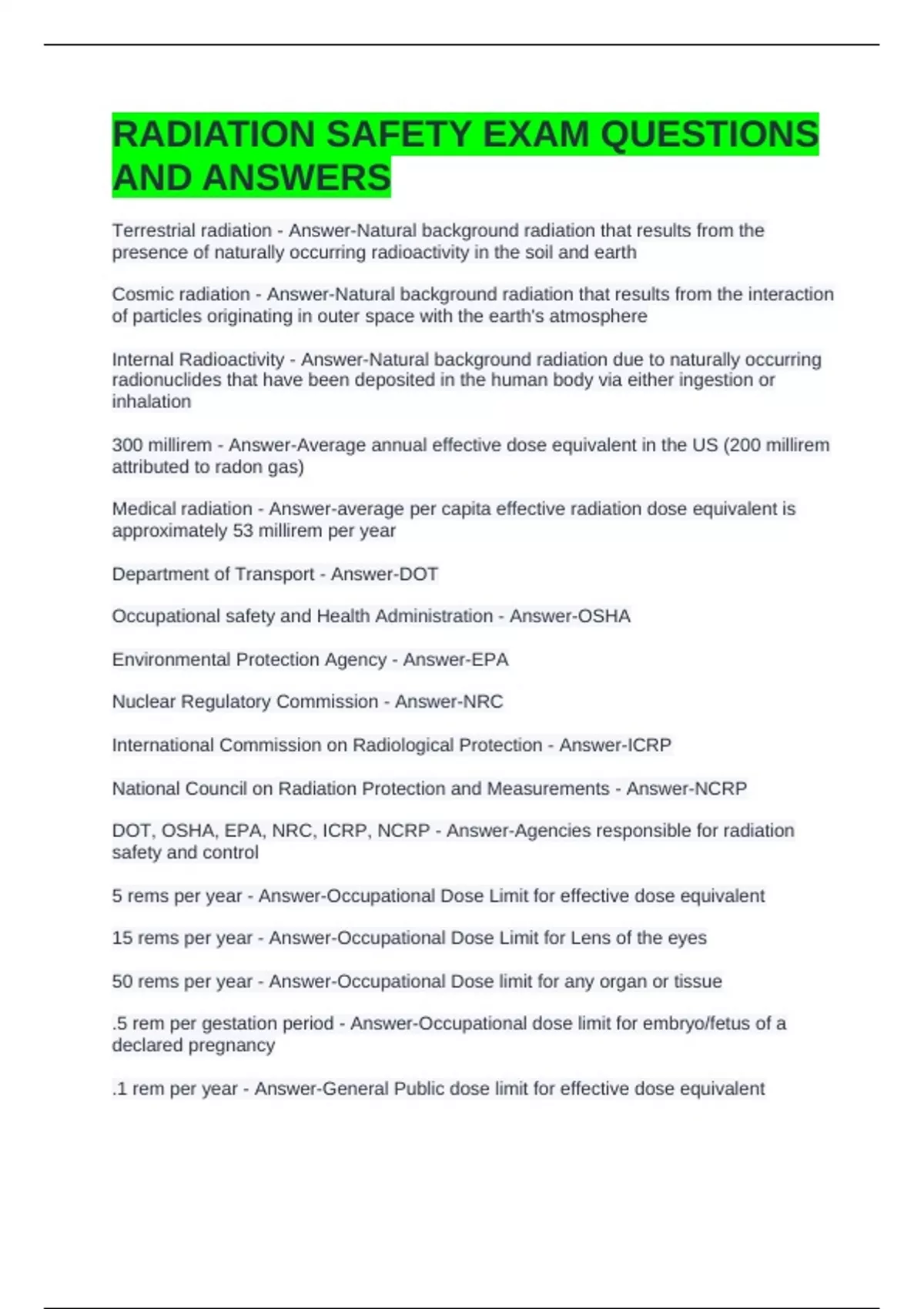 RADIATION SAFETY EXAM QUESTIONS AND ANSWERS - RADIATION SAFETY - Stuvia US