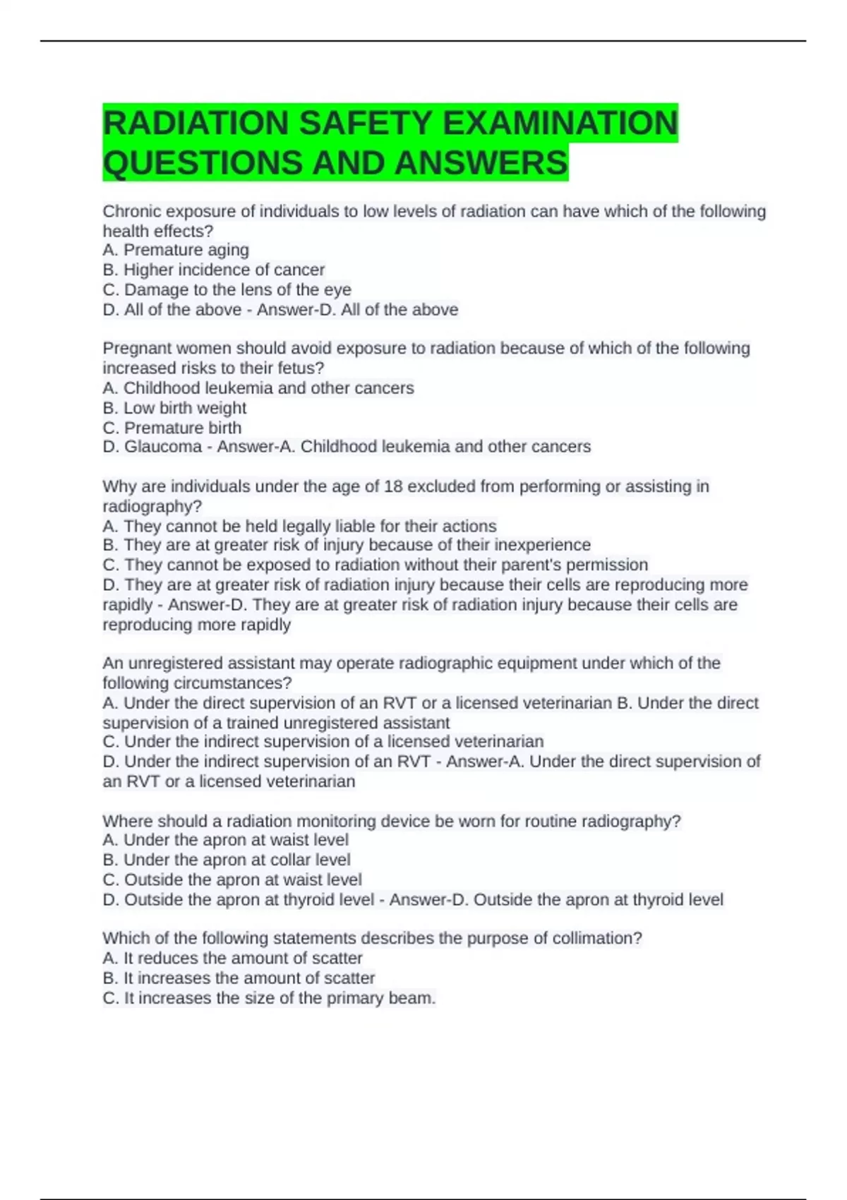 RADIATION SAFETY EXAMINATION QUESTIONS AND ANSWERS - RADIATION SAFETY ...