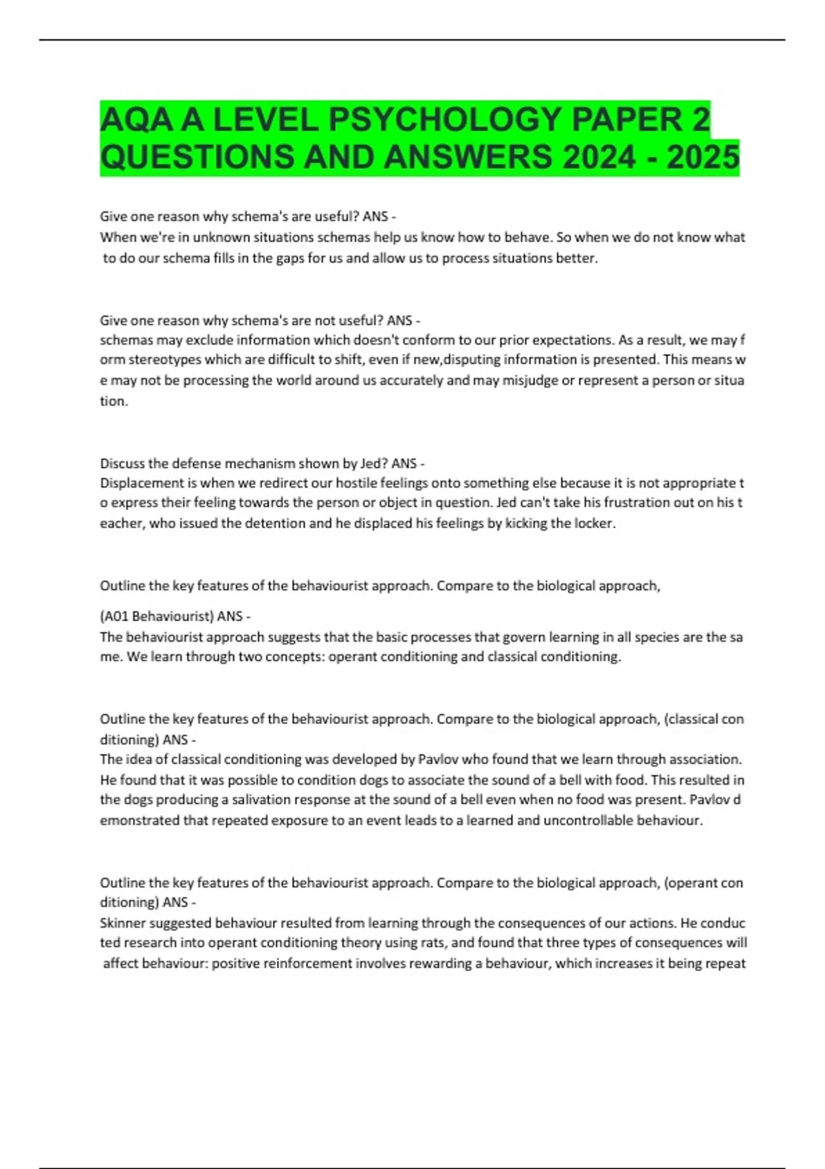 AQA A LEVEL PSYCHOLOGY PAPER 2 QUESTIONS AND ANSWERS - AQA Psychology A ...