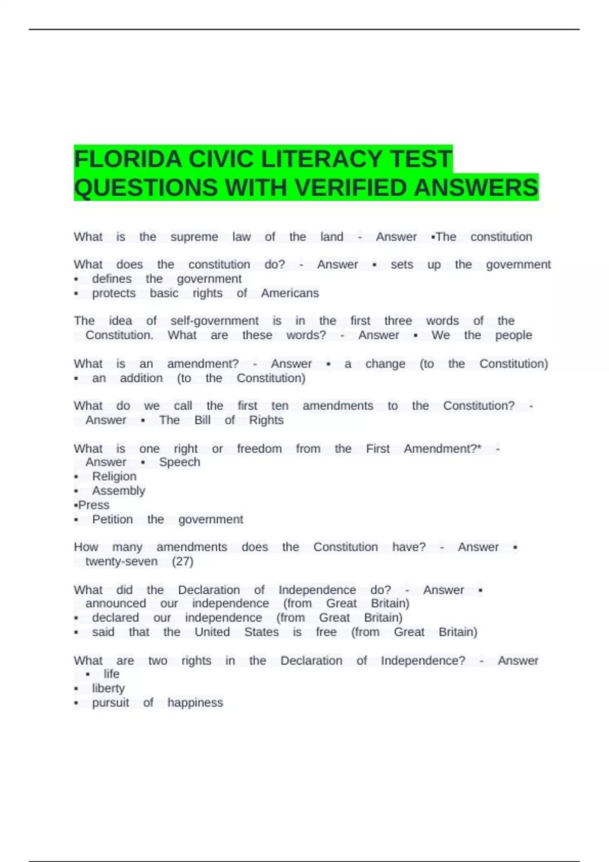FLORIDA CIVIC LITERACY TEST QUESTIONS WITH VERIFIED ANSWERS - Hcc ...