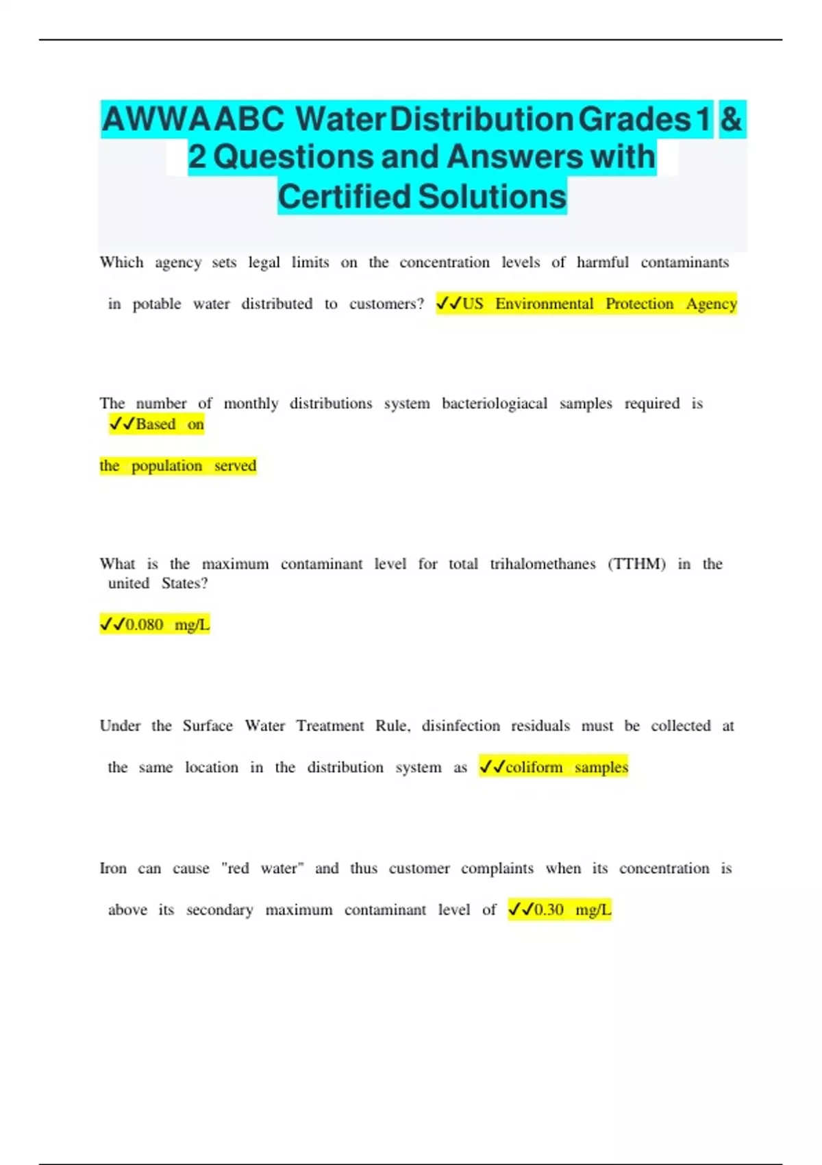 AWWA ABC Water Distribution Grades 1 & 2 Questions and Answers A+ GRADE ...