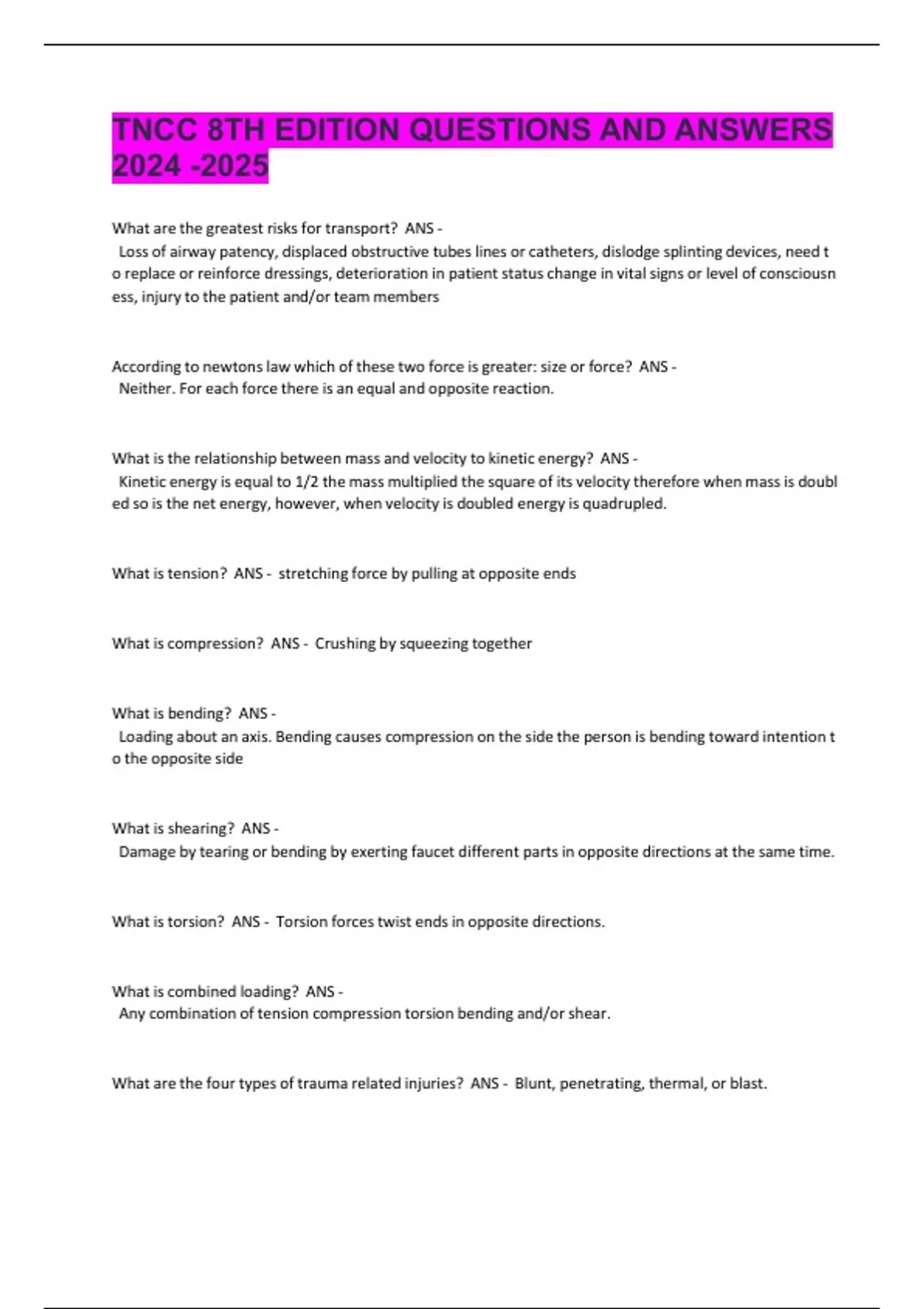 TNCC 8TH EDITION QUESTIONS AND ANSWERS - TNCC - Stuvia US