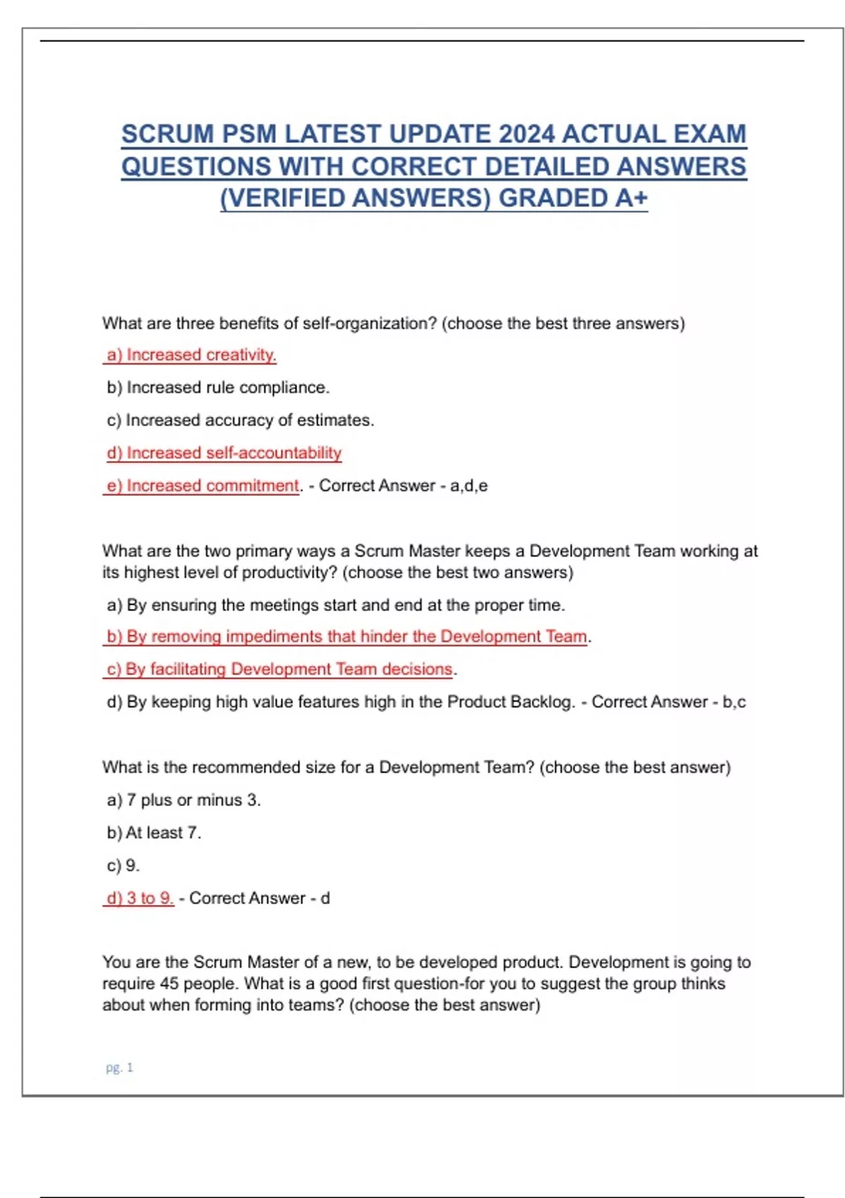 SCRUM PSM LATEST UPDATE 2024 ACTUAL EXAM QUESTIONS WITH CORRECT ...