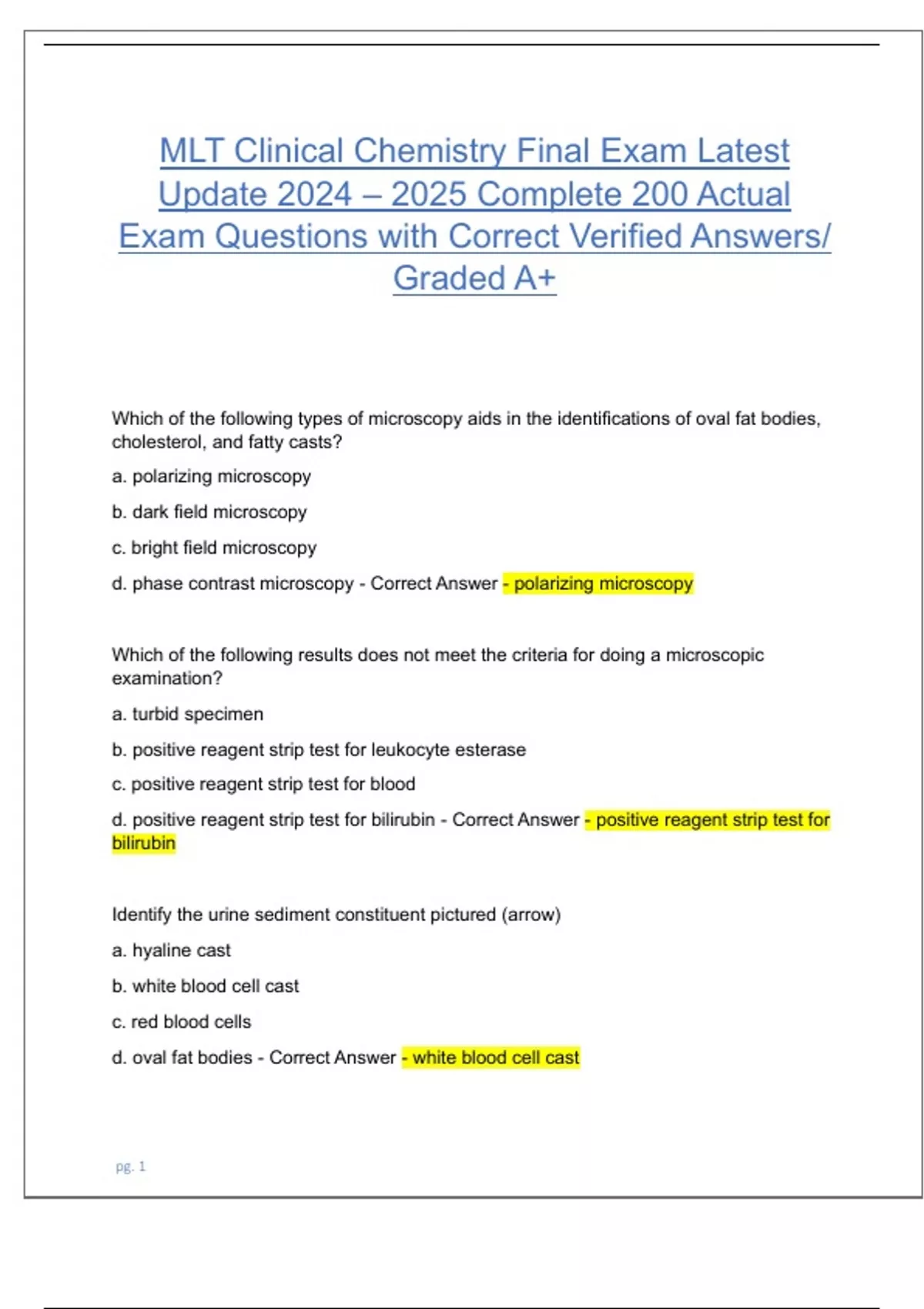 MLT Clinical Chemistry Final Exam Latest Update 2024 – 2025 Complete ...