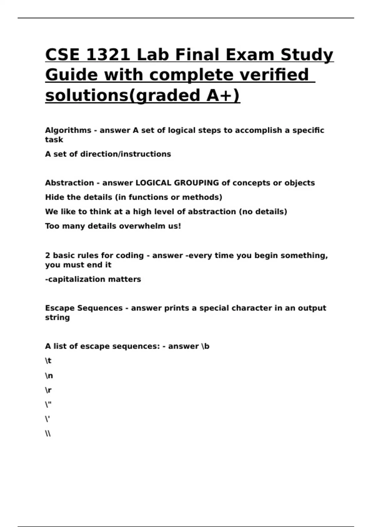 CSE 1321 Lab Final Exam Study Guide with complete verified solutions(graded A+). - CSE 1300 ...