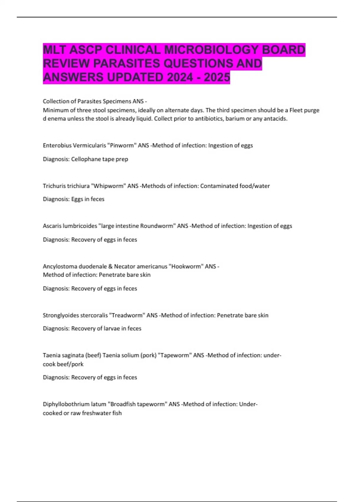 MLT ASCP CLINICAL MICROBIOLOGY BOARD REVIEW PARASITES QUESTIONS AND ...