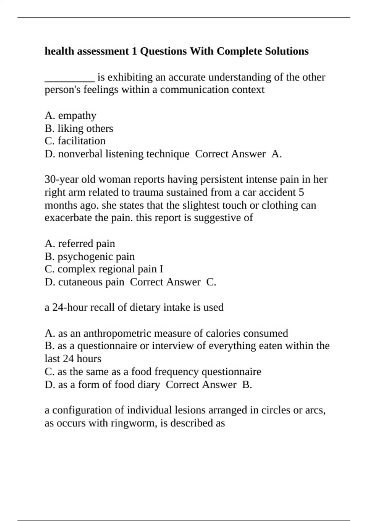 health assessment 1 Questions With Complete Solutions - Health ...