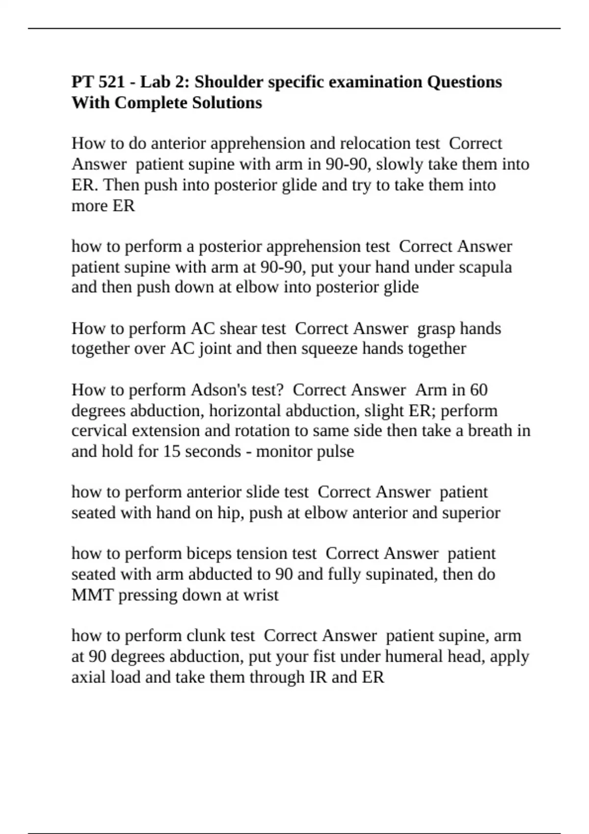 PT 521 - Lab 2: Shoulder specific examination Questions With Complete ...