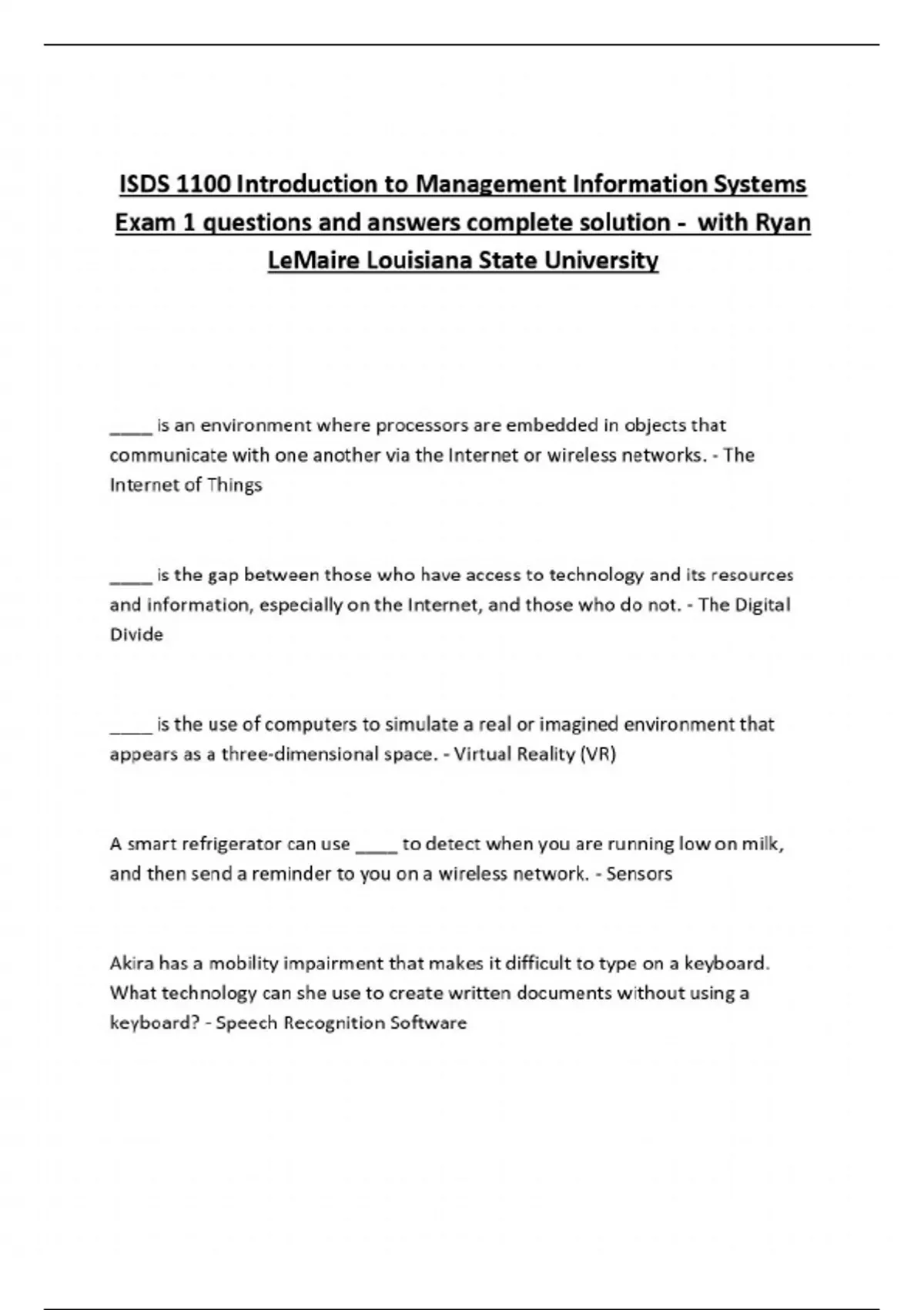 ISDS 1100 Introduction to Management Information Systems Exam 1 questions and answers complete ...