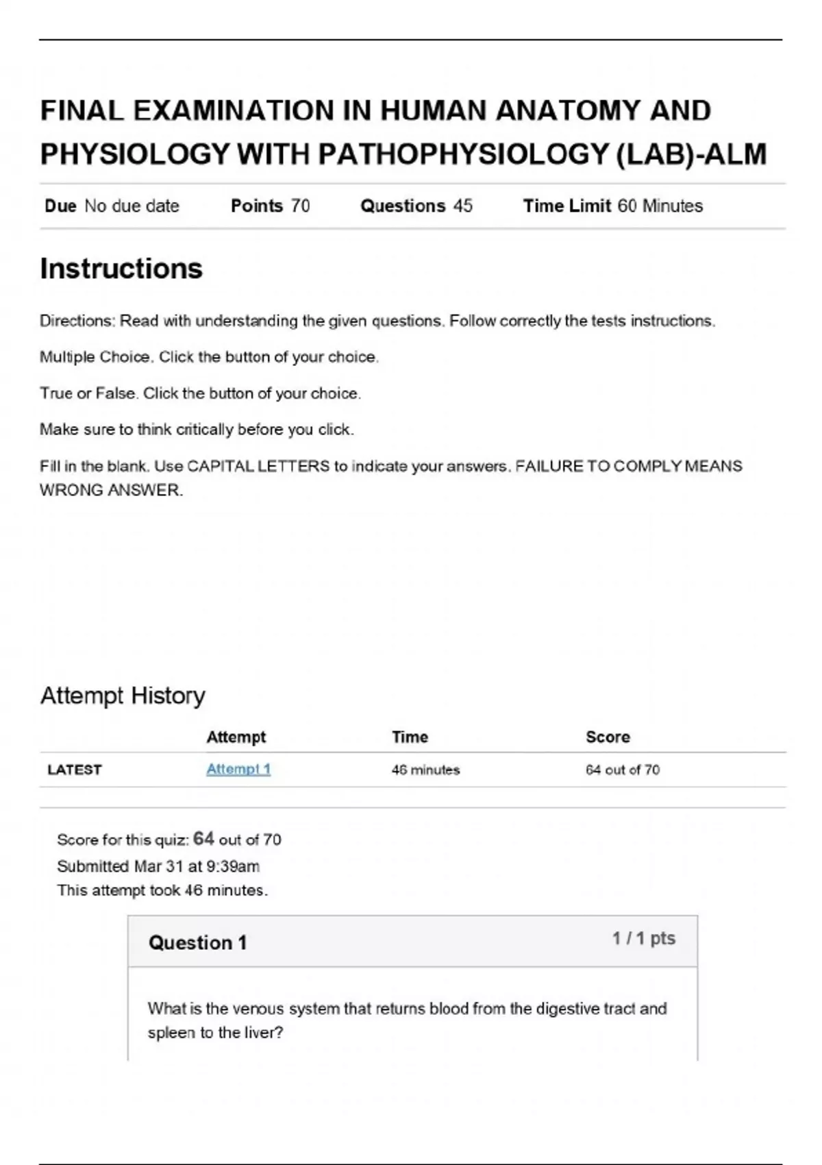 FINAL EXAMINATION IN HUMAN ANATOMY AND PHYSIOLOGY WITH PATHOPHYSIOLOGY ...