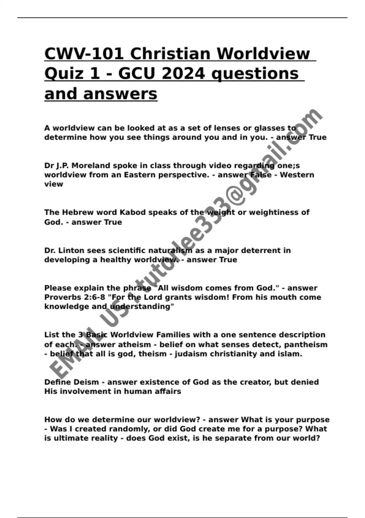 CWV-101 Christian Worldview Quiz 1 - GCU 2024 questions and answers ...