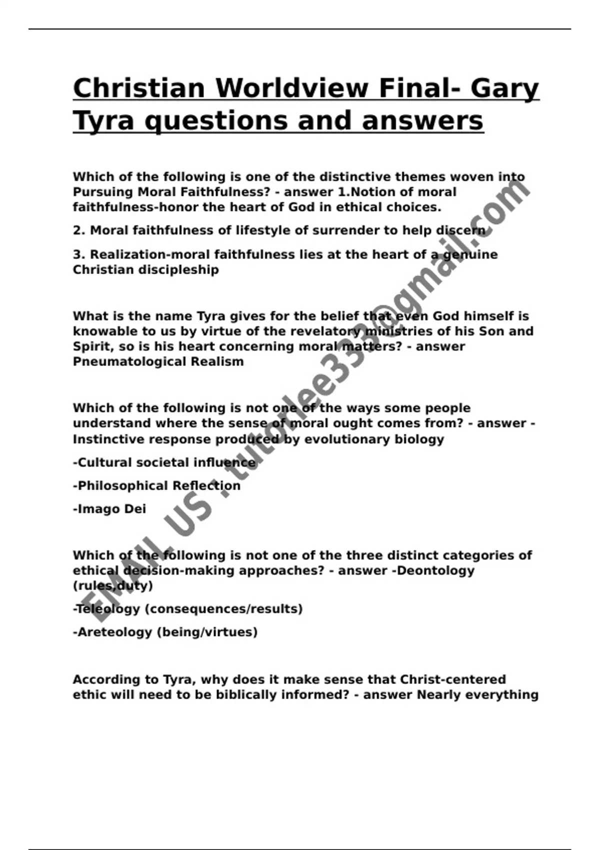 Christian Worldview Final- Gary Tyra questions and answers - Christian ...