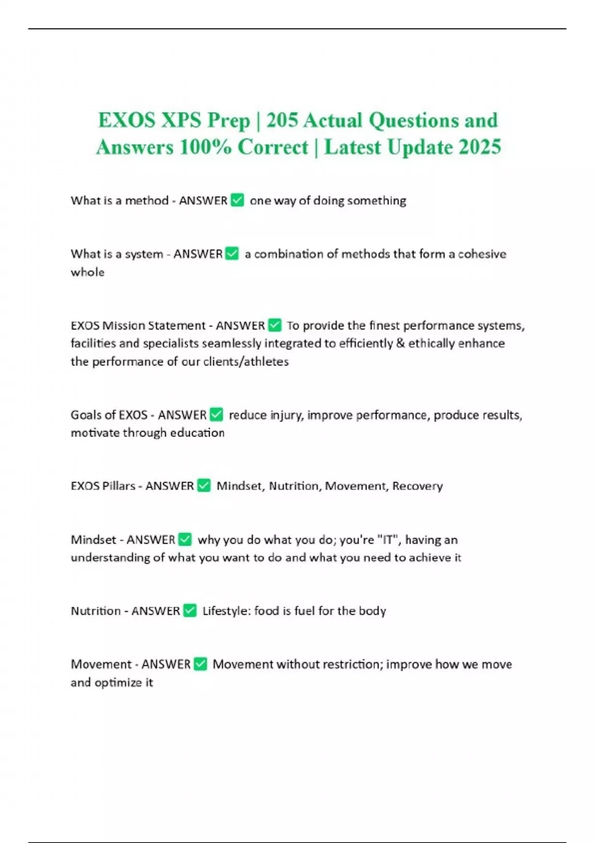 EXOS XPS Prep | 205 Actual Questions and Answers 100% Correct | Latest ...