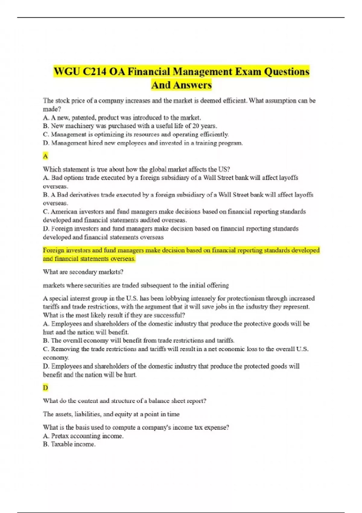 WGU C214 OA Financial Management Exam Questions And Answers 2024/2025 ...