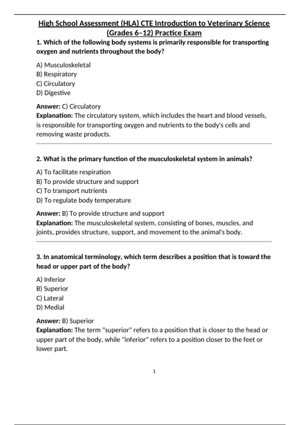High School Assessment (HLA) CTE Introduction to Veterinary Science ...