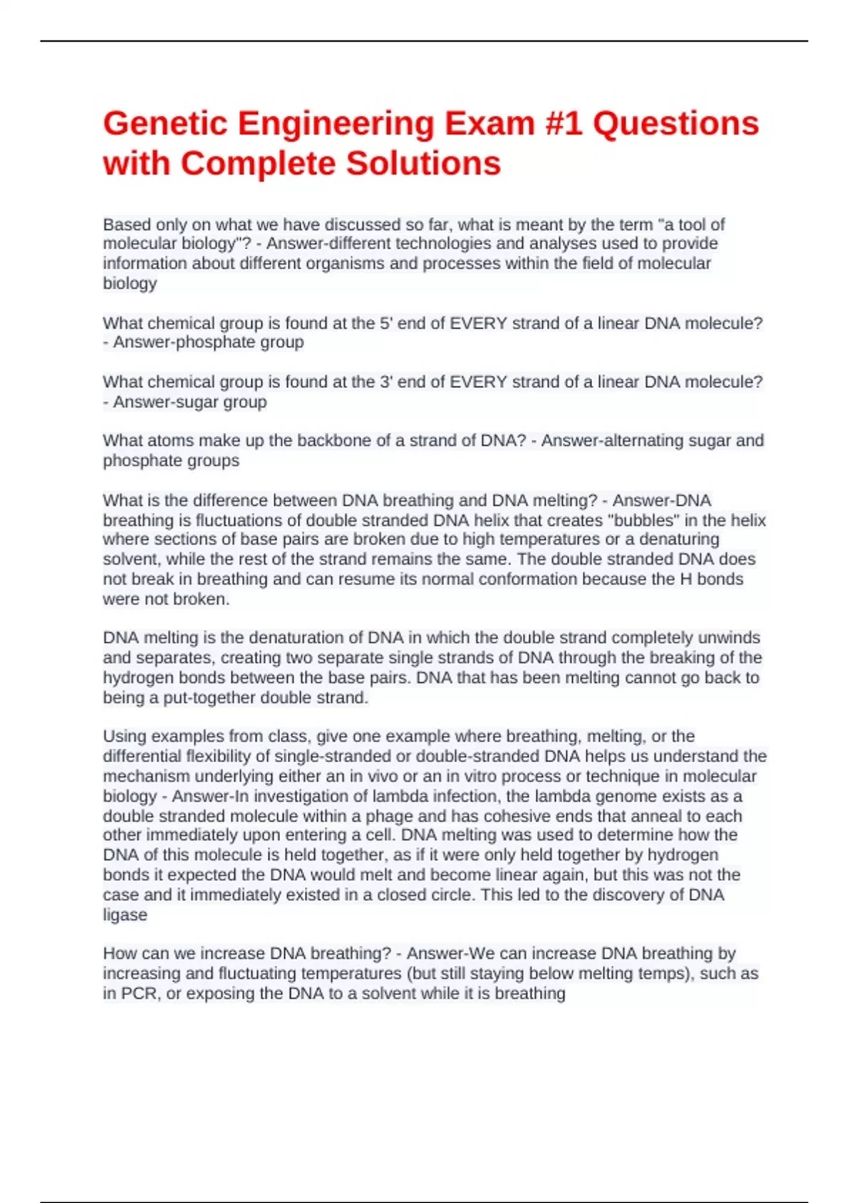 Genetic Engineering Exam #1 Questions with Complete Solutions - Genetic Technology - Stuvia US