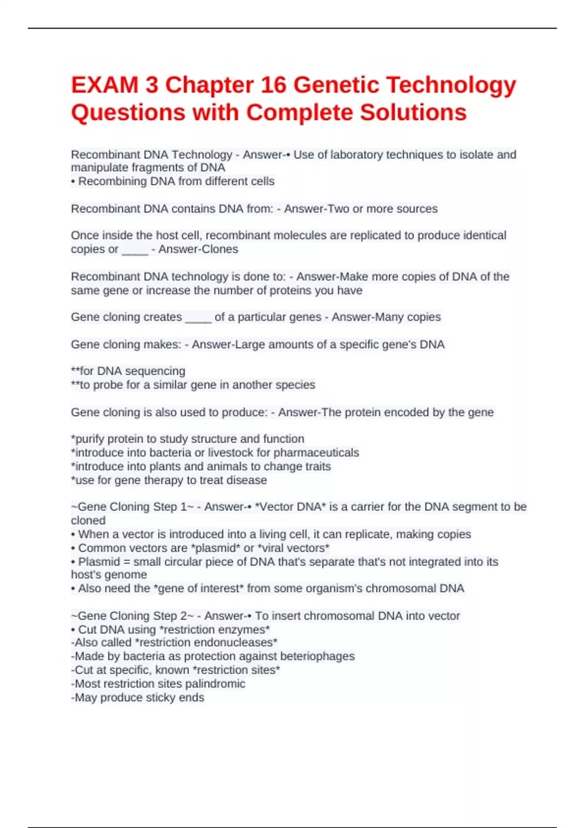 EXAM 3 Chapter 16 Genetic Technology Questions with Complete Solutions - Genetic Technology ...