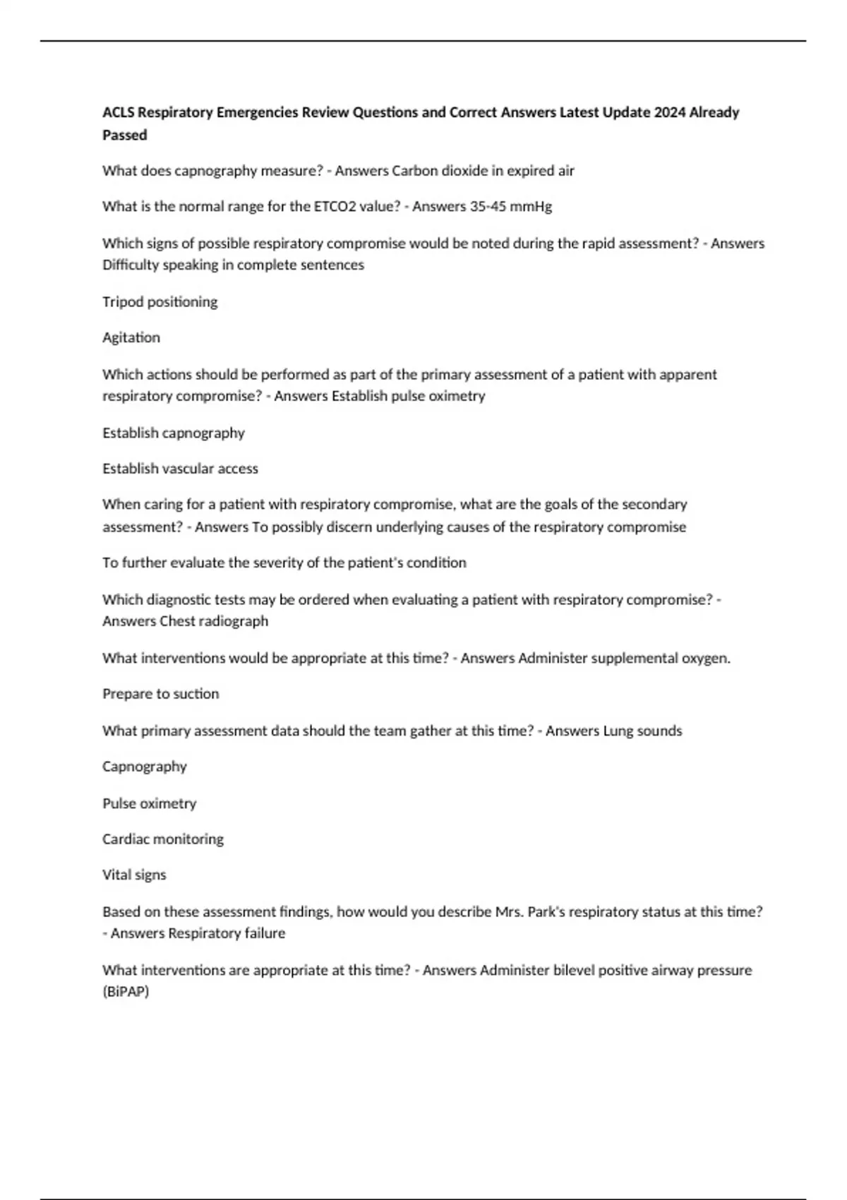 ACLS Respiratory Emergencies Review Questions and Correct Answers ...