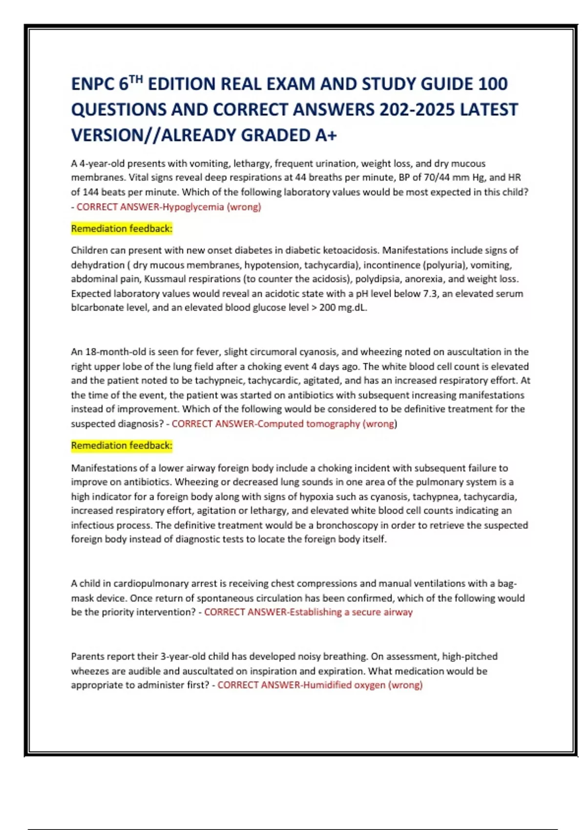 ENPC 6TH EDITION REAL EXAM AND STUDY GUIDE 100 QUESTIONS AND CORRECT ...