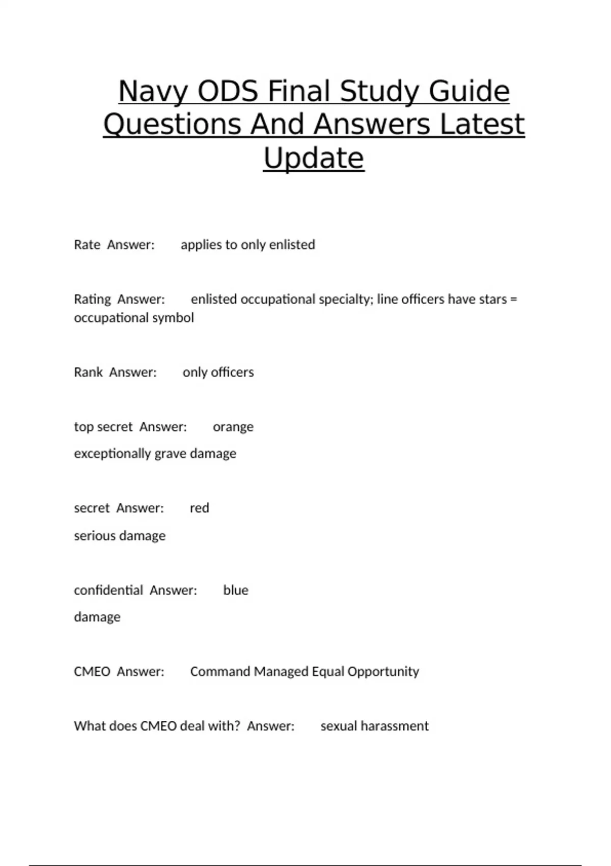 Navy ODS Final Study Guide Questions And Answers Latest Update - ODS ...
