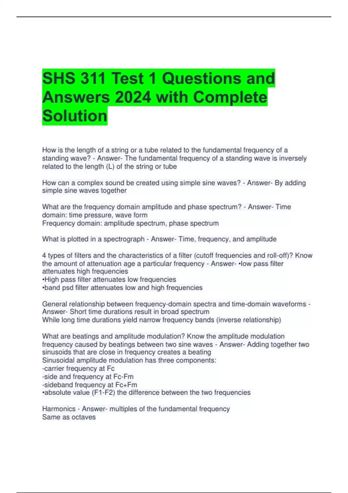 SHS 311 Test 1 Questions and Answers 2024 with Complete Solution - SHS ...