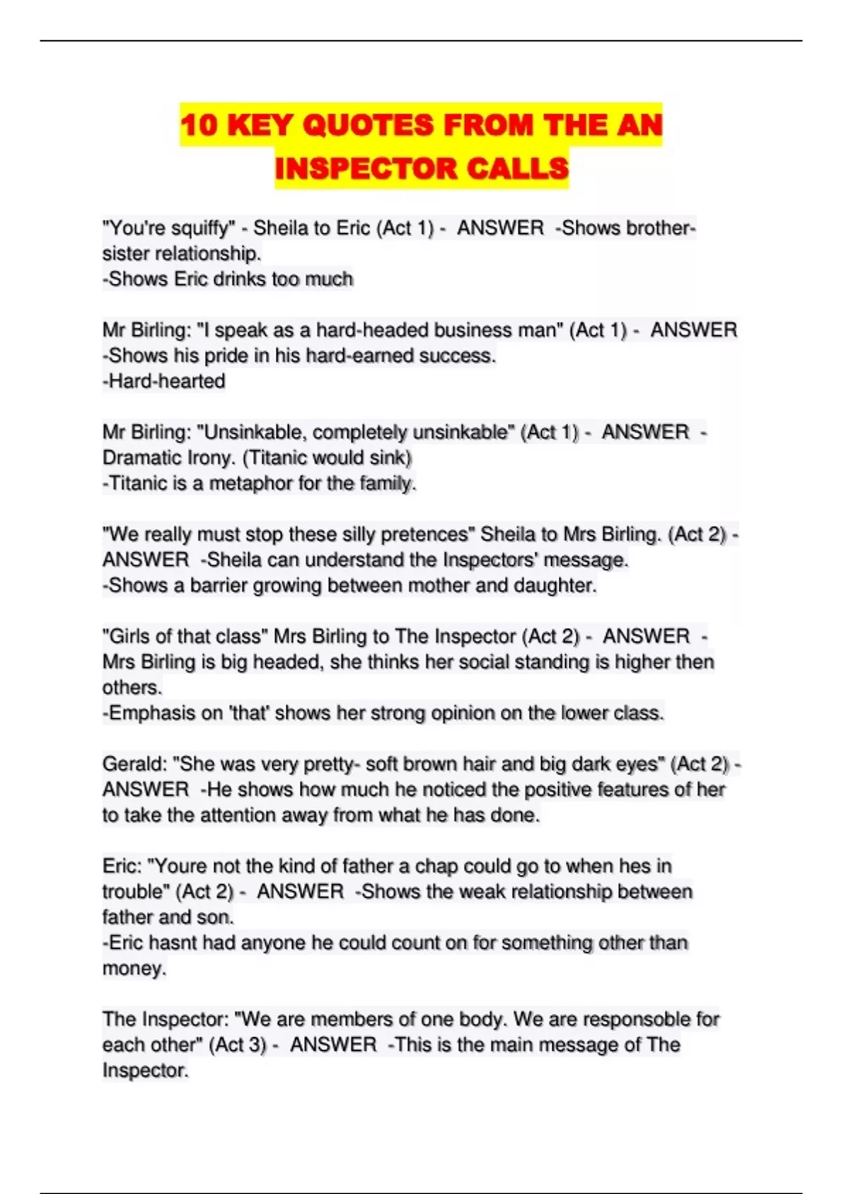 10 KEY QUOTES FROM THE AN INSPECTOR CALLS - 10 KEY QUOTES FROM THE AN ...
